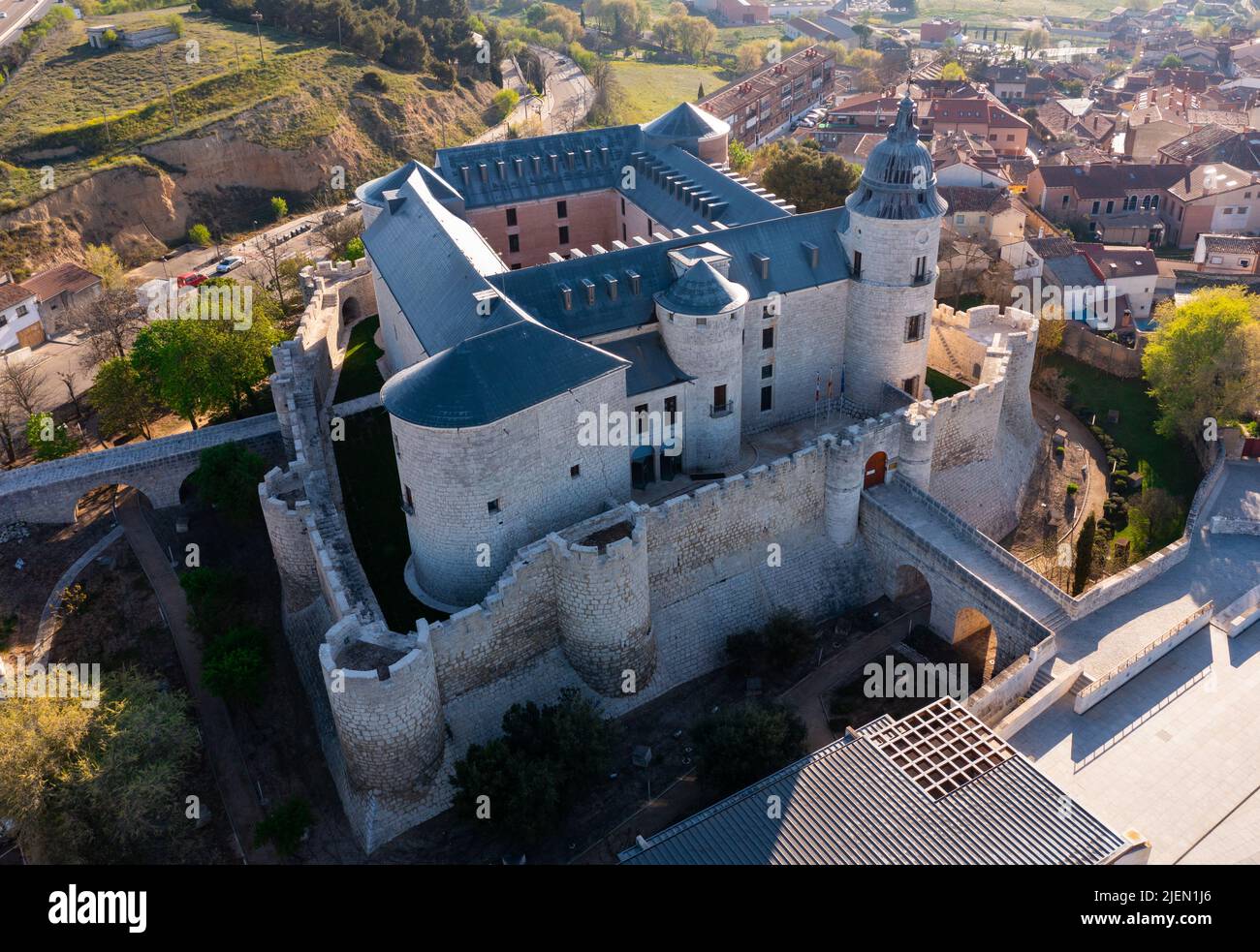 View from drone of ancient walled Simancas castle, Spain Stock Photo ...