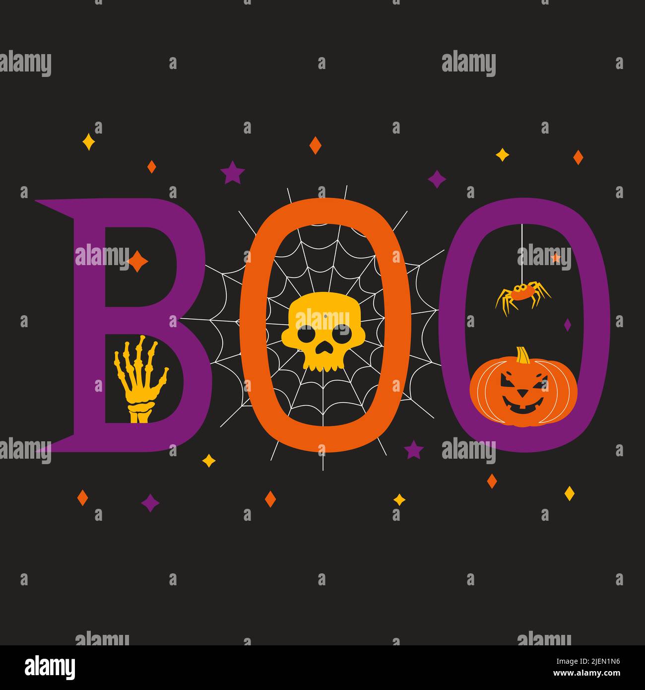 Boo Halloween holiday cute symbols vector poster. Hand drawn fancy ...