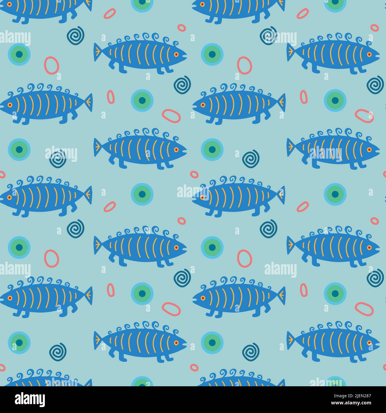 Fish seamless pattern. Cute fishes on turquoise background Stock Vector ...