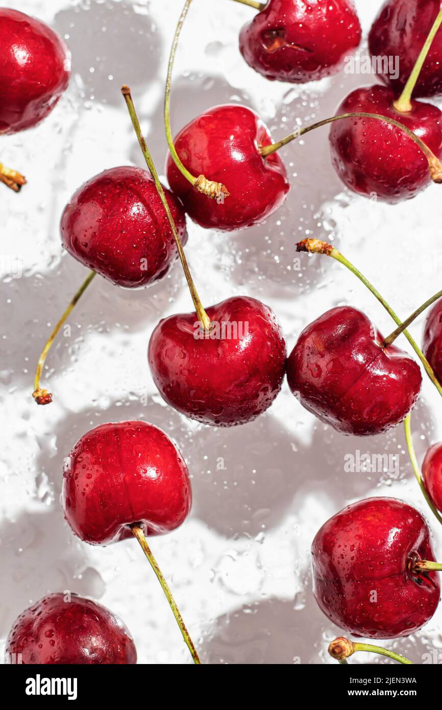Modern food still life summer concept. Cherries in sunlight with hard ...