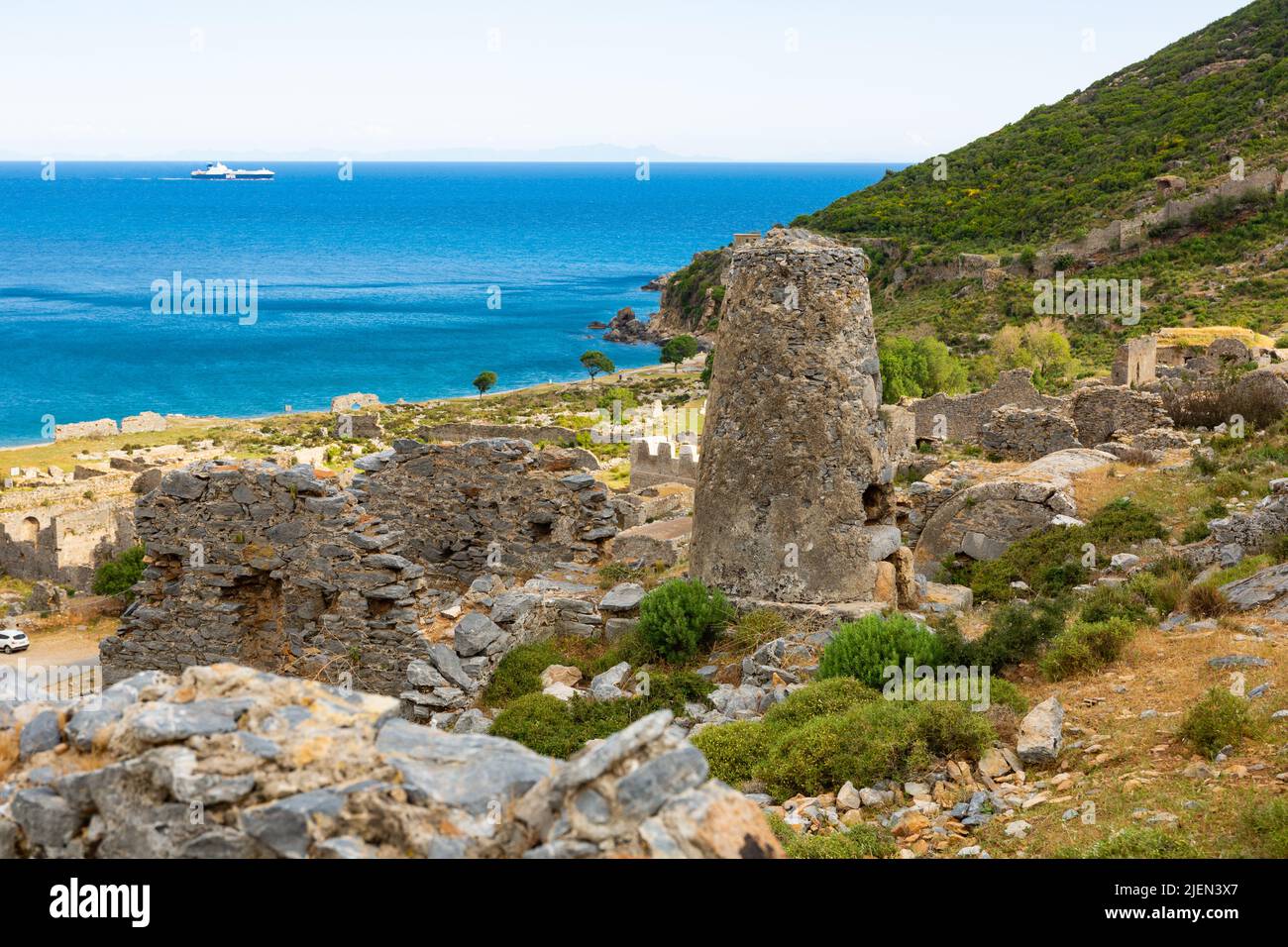 Stone ruins of ancient necropolis in Anemurium on background of ...