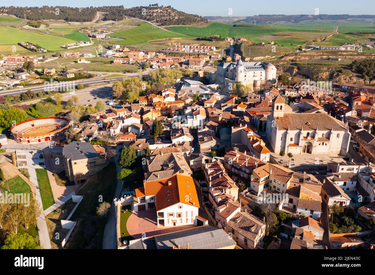 Aerial view of Simancas overlooking bullring and medieval castle Stock ...