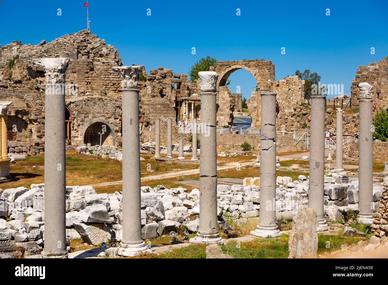 Ancient city ruins. Side. Colonnaded road and market place Stock Photo ...