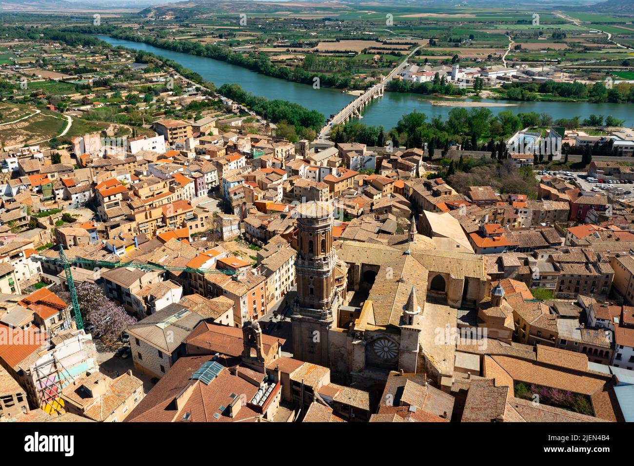 Aerial cityscape of Tudela with view of Ebro River and cathedral Stock ...