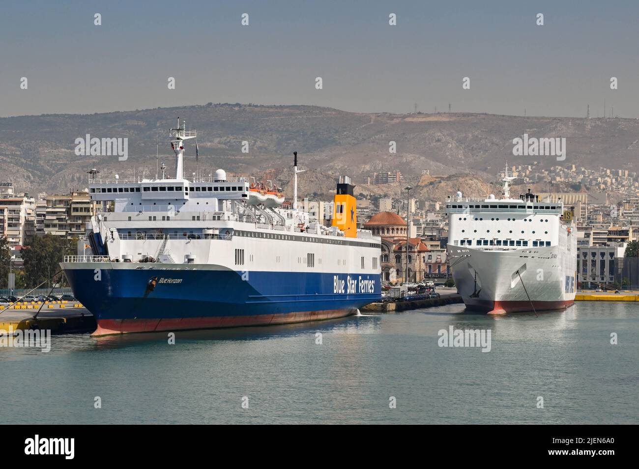 Piraeus, Athens, Greece - June 2022: Ferries moored in the port Piraeus ...