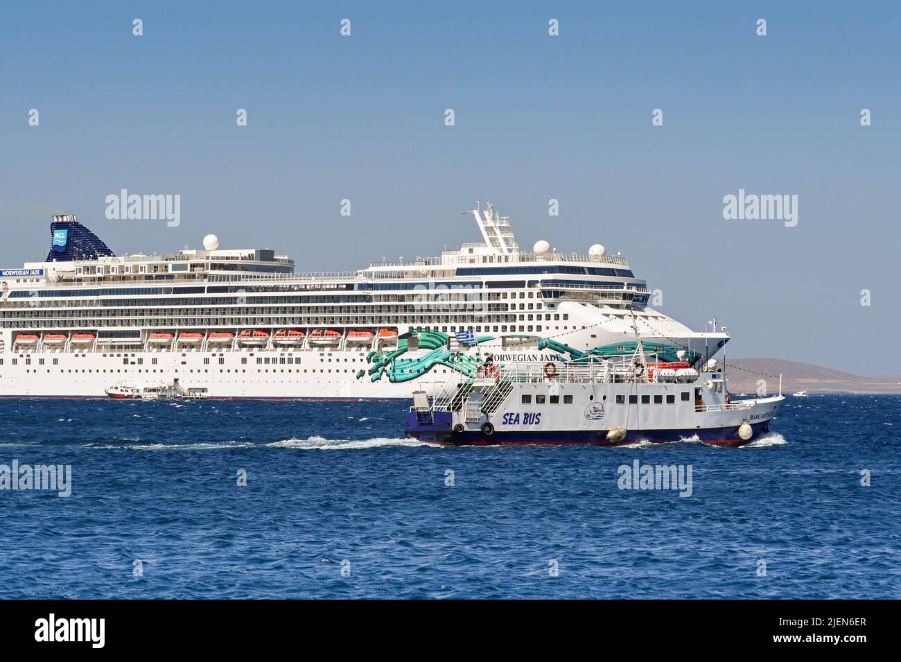 Mykonos, Greece - June 2022: Sea bus passenger ferry passing in front ...