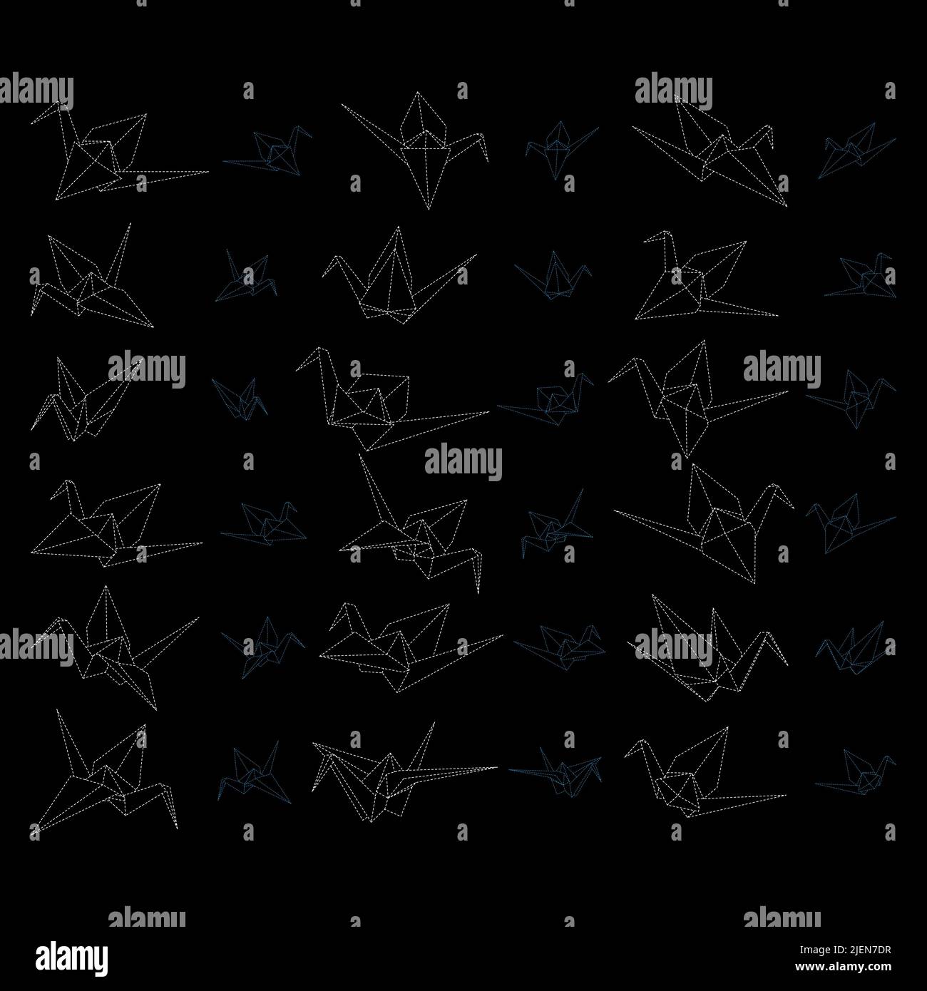 Set of origami crane vector outline dashed illustration isolated on black background. Japanese ...
