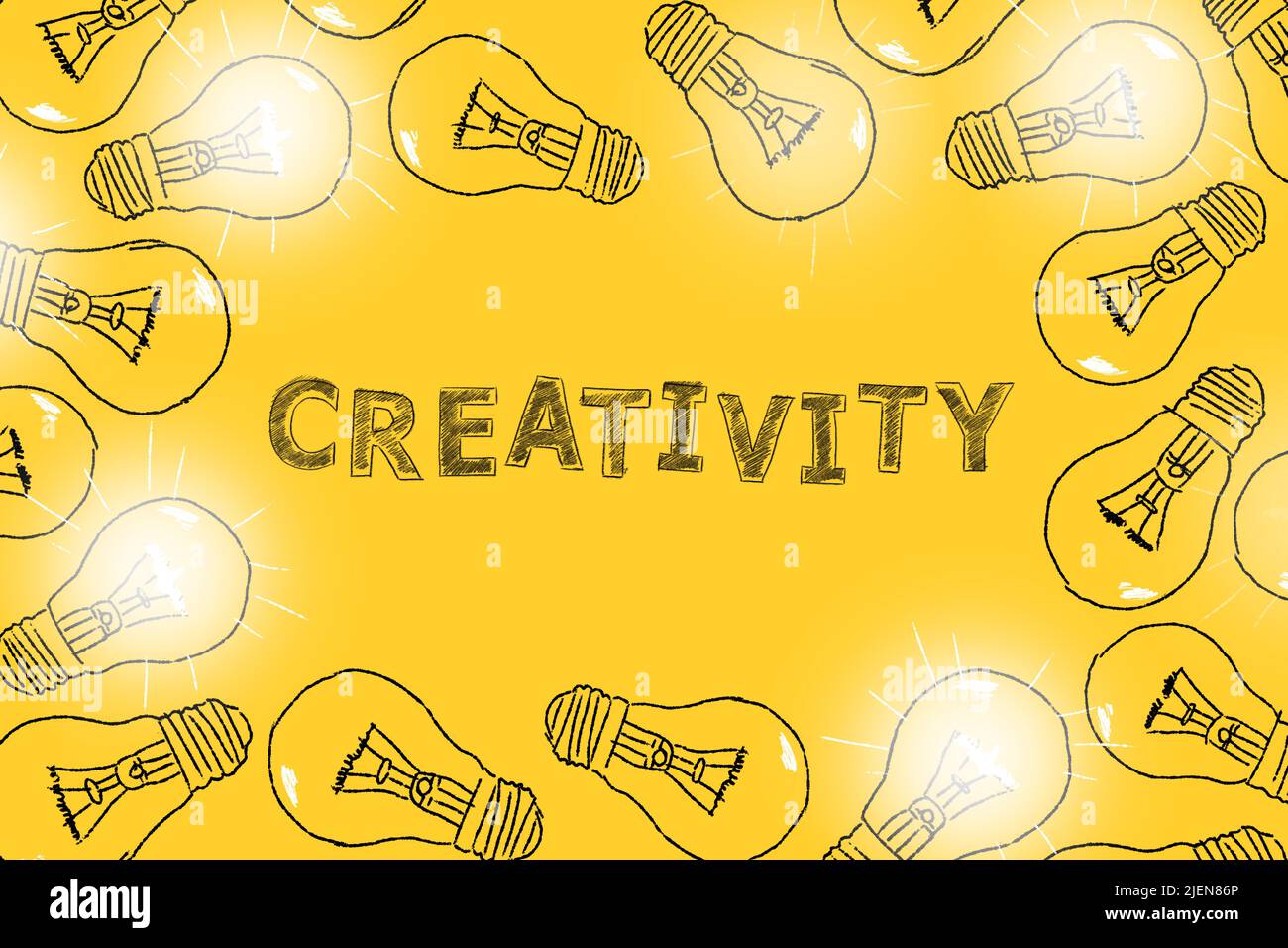 Creativity. Set of lightbulbs hand drawn on a yellow background ...