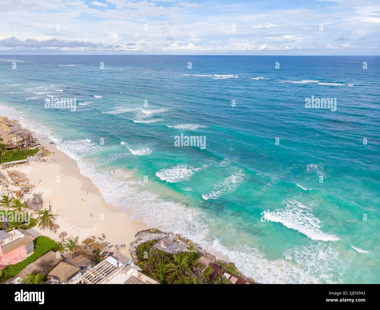 Drone landscape of Caribbean tropical beach with blue ocean and white ...