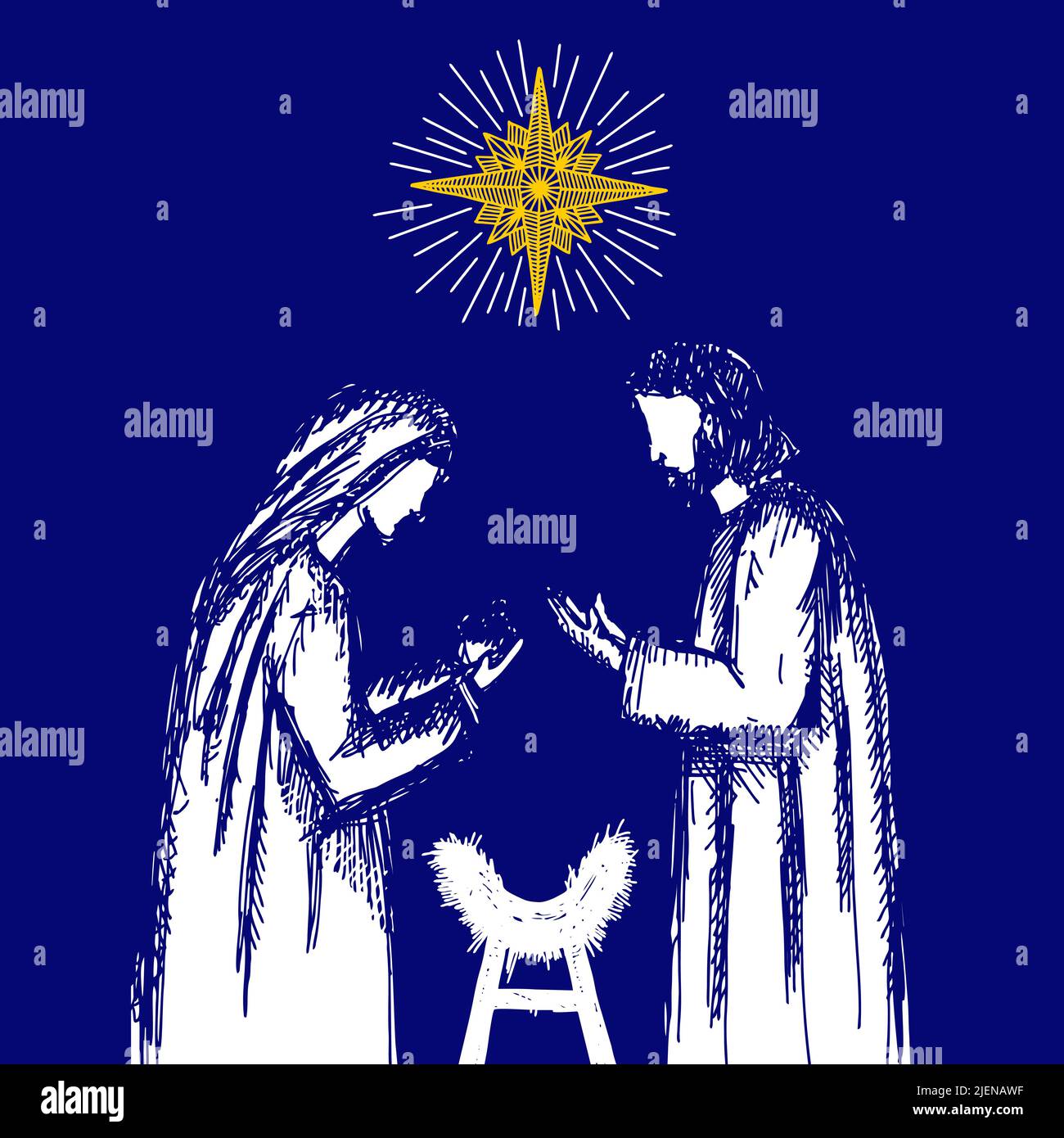 A drawing of a nativity scene. Joseph and Mary with little Jesus in a ...