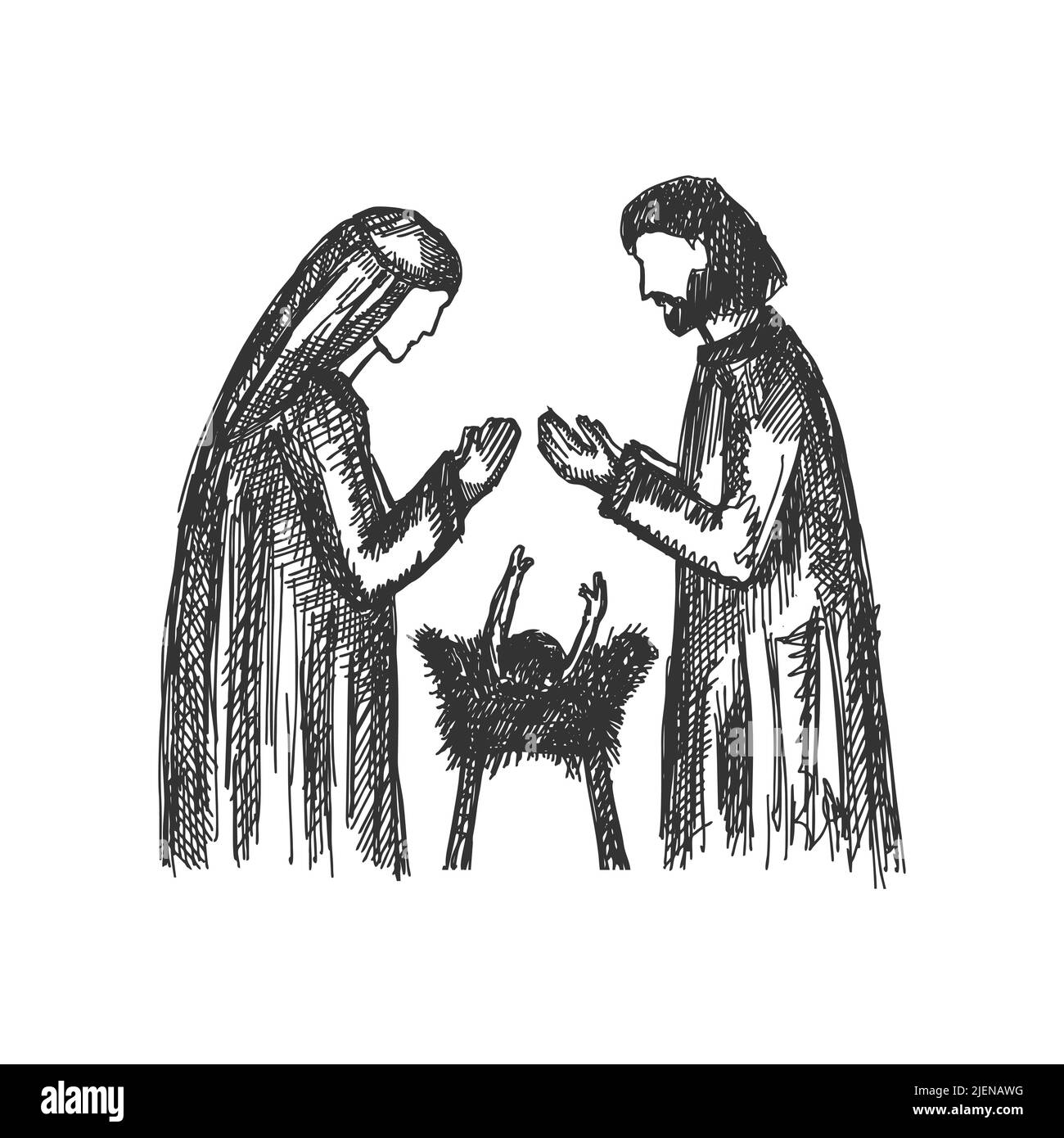 A drawing of a nativity scene. Joseph and Mary with little Jesus in a ...