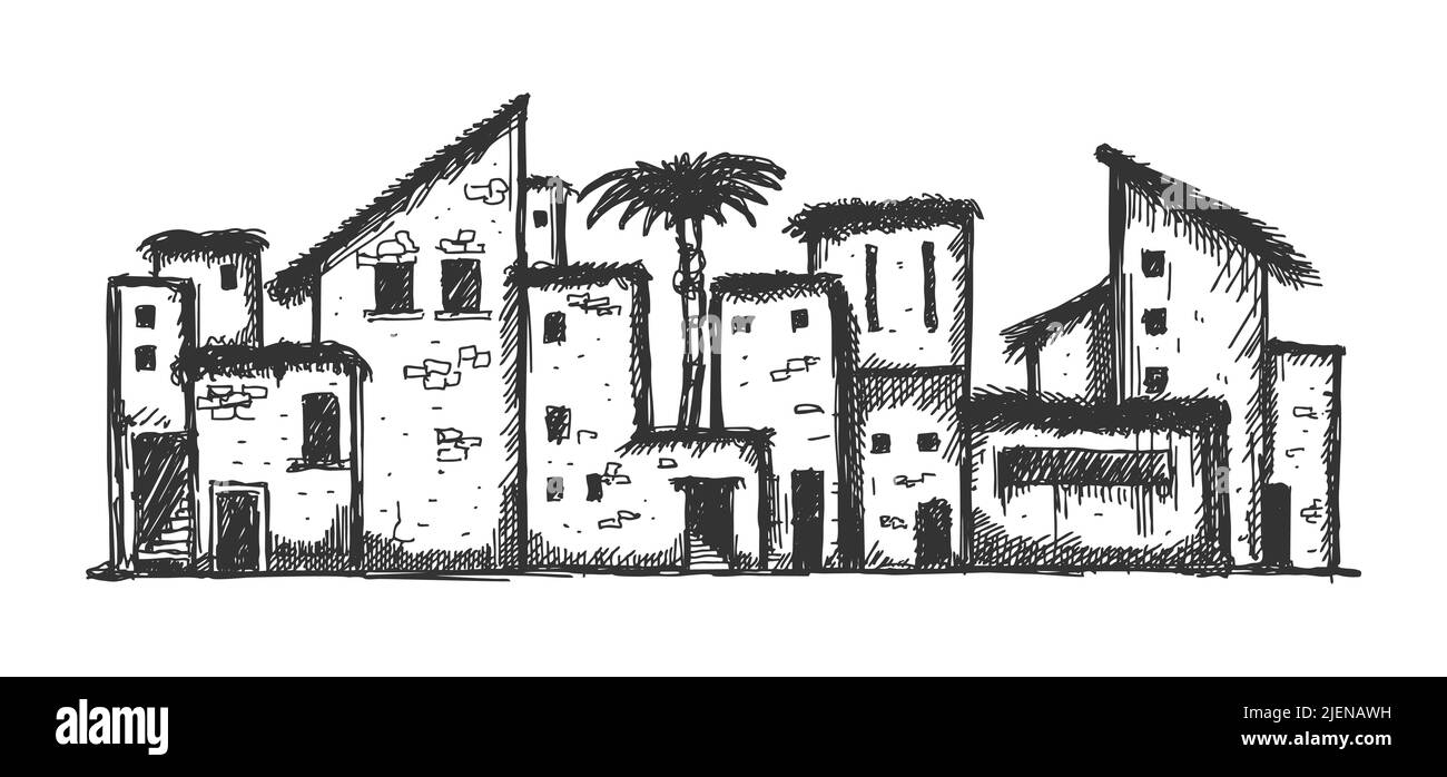 An ancient eastern city drawn by hand. The village of Bethlehem ...