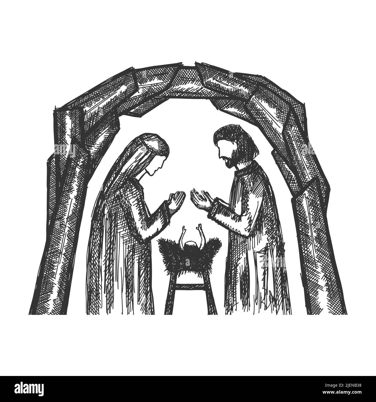 A drawing of a nativity scene. Joseph and Mary with little Jesus in a ...