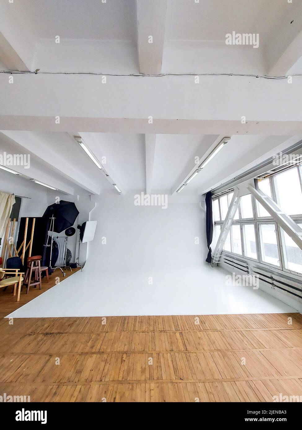 Large daylight photo studio with cyclorama and large panoramic windows ...