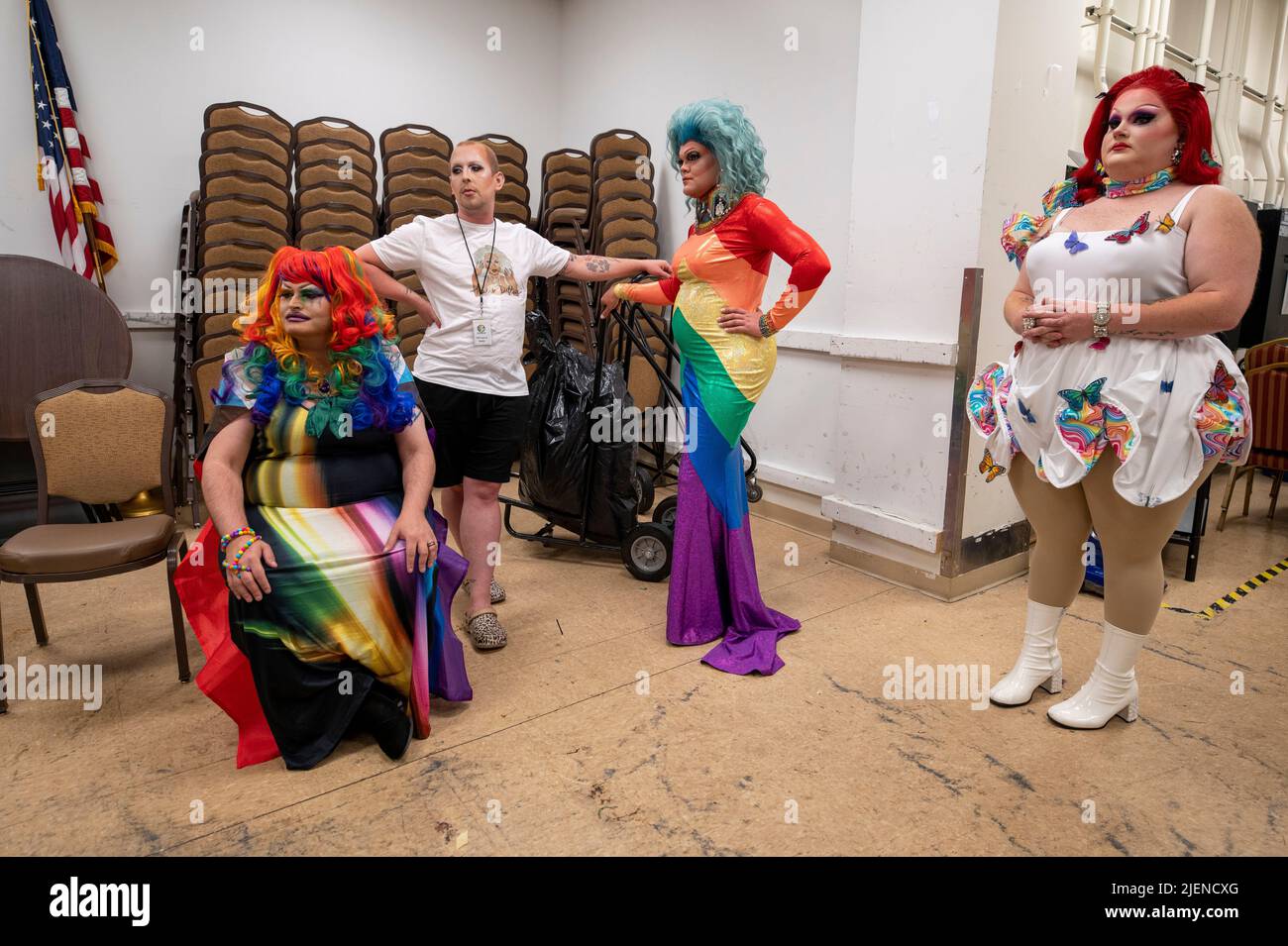 Pageant contestants wait their turn to compete in the pride outfit ...