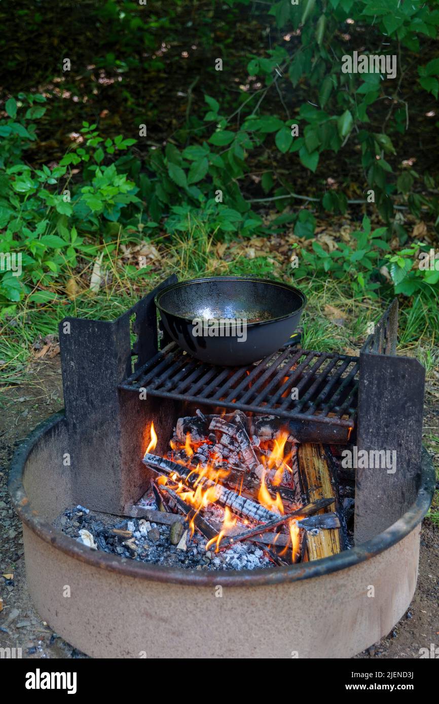 Ruddy tasty potato is frying in cauldron in oil on nature on fire ...
