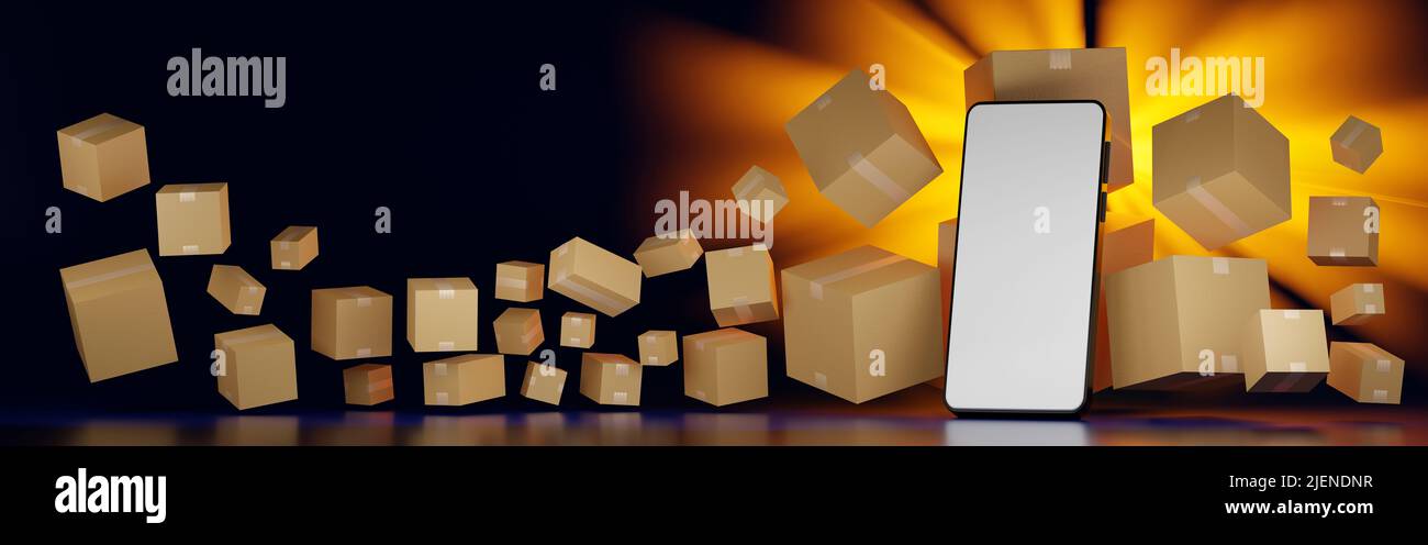 Mobile phone or smartphone with brown cardboard boxes parcel, online ...