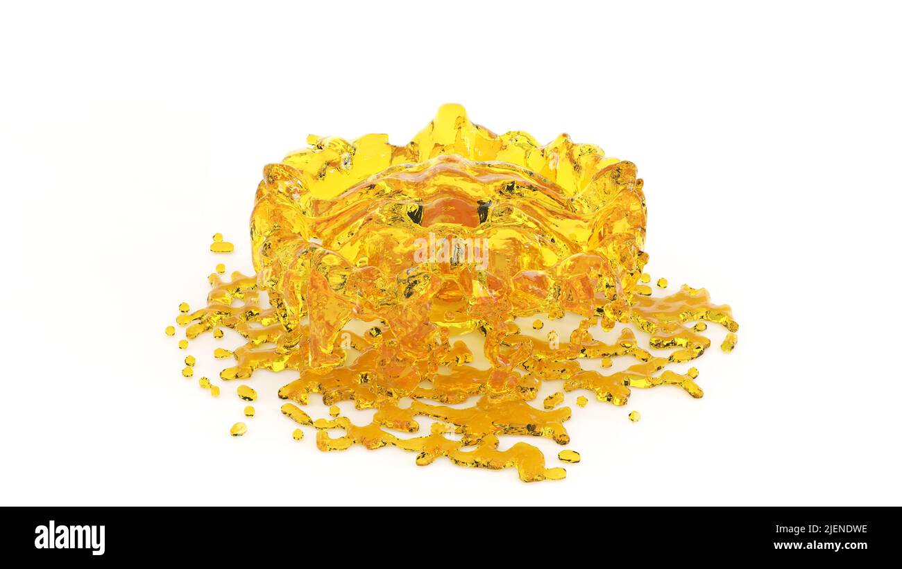 Yellow water liquid splash or water stream with drop on white ...