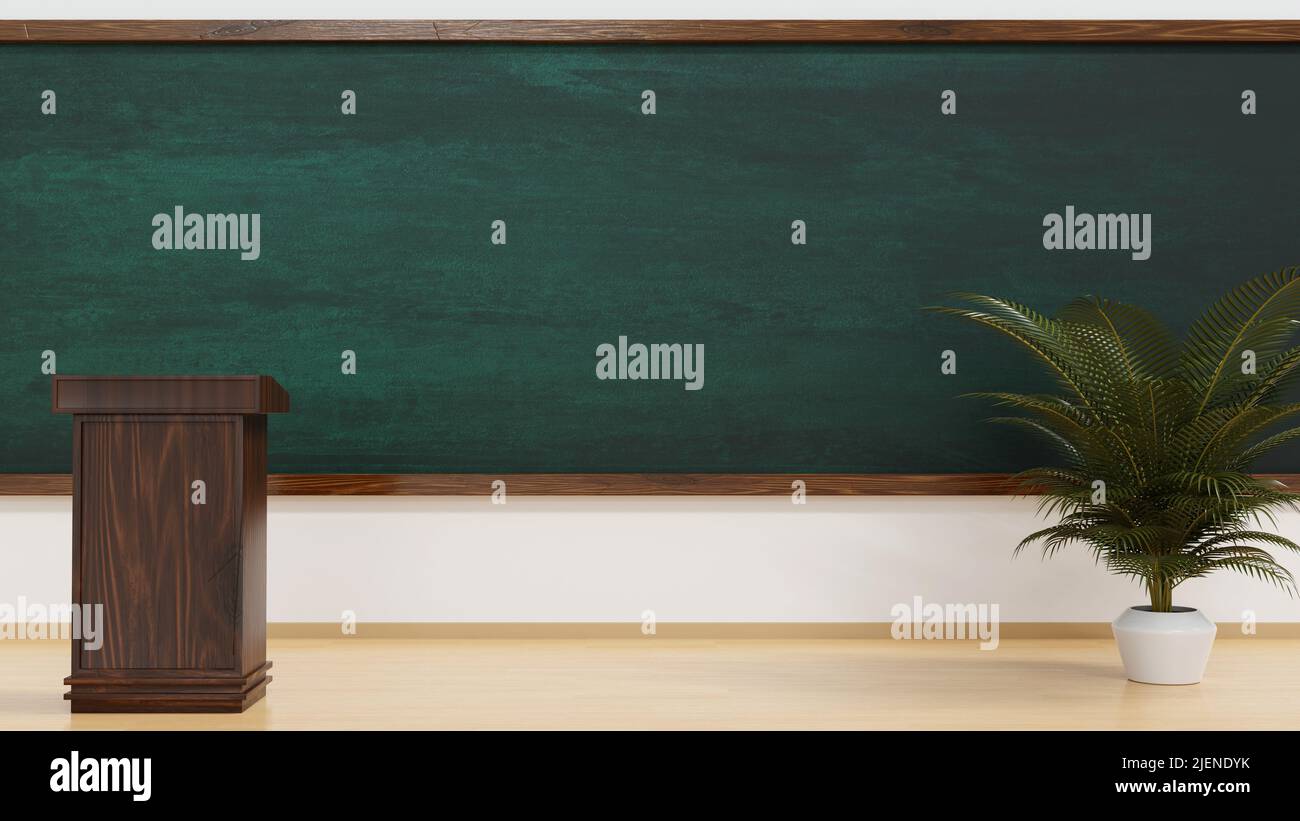 Teacher podium with chalkboard in school classroom, education concept ...