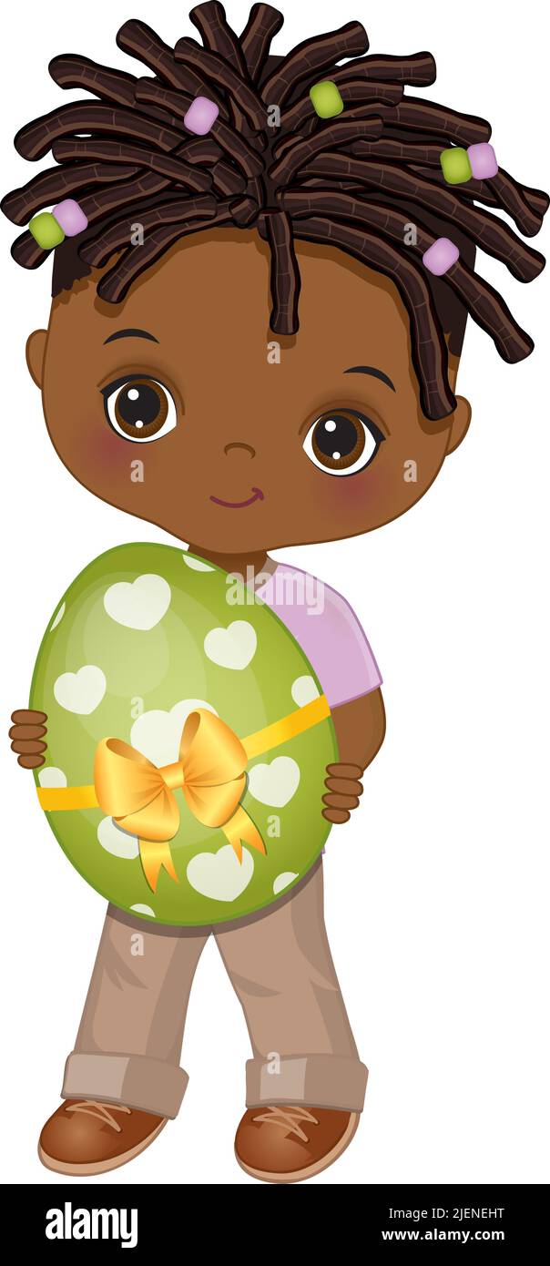 Cute Little African American Boy Holding Easter Egg. Vector Easter ...