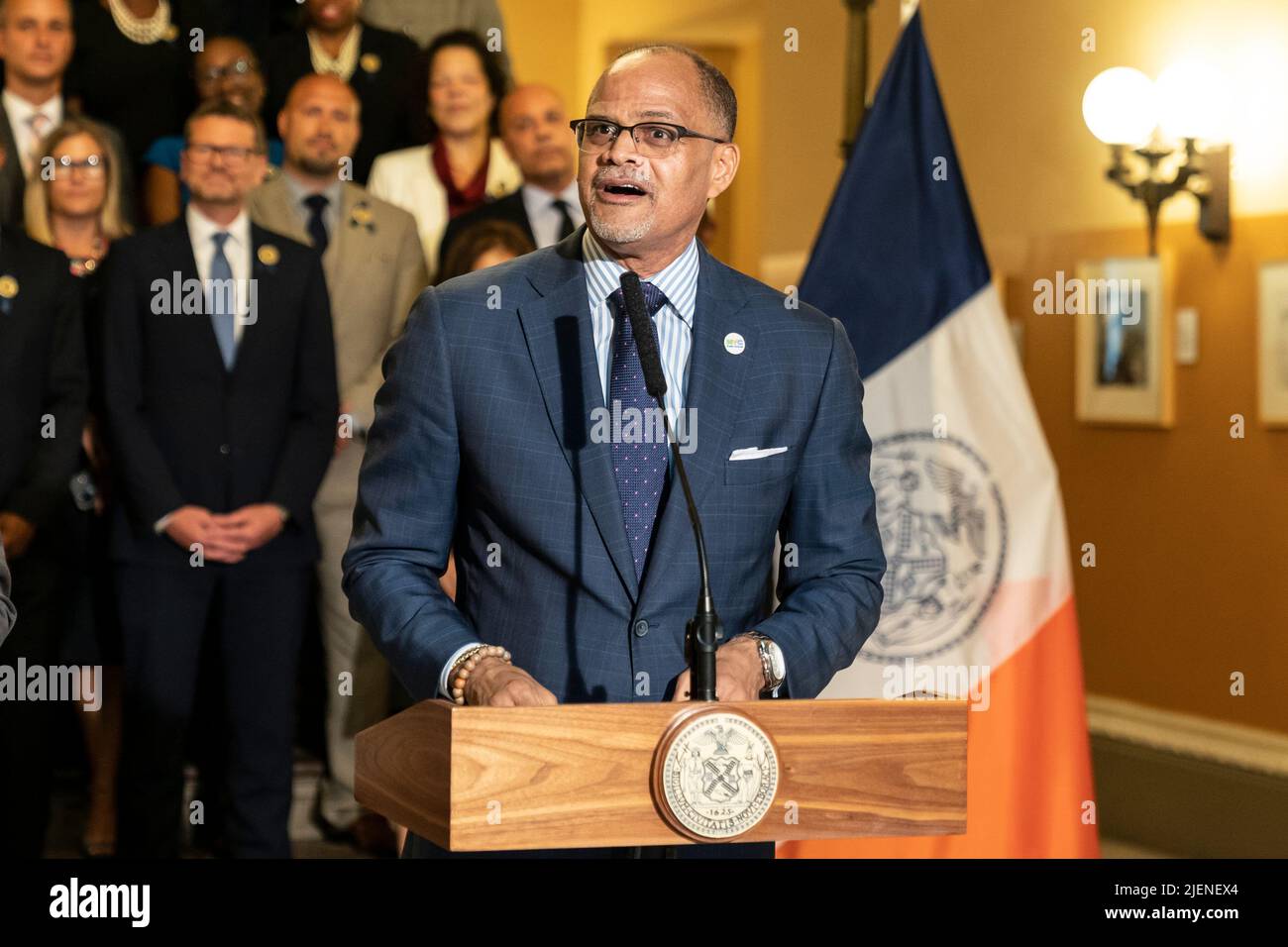 New York, NY - June 27, 2022: Chancellor David Banks speaks during ...