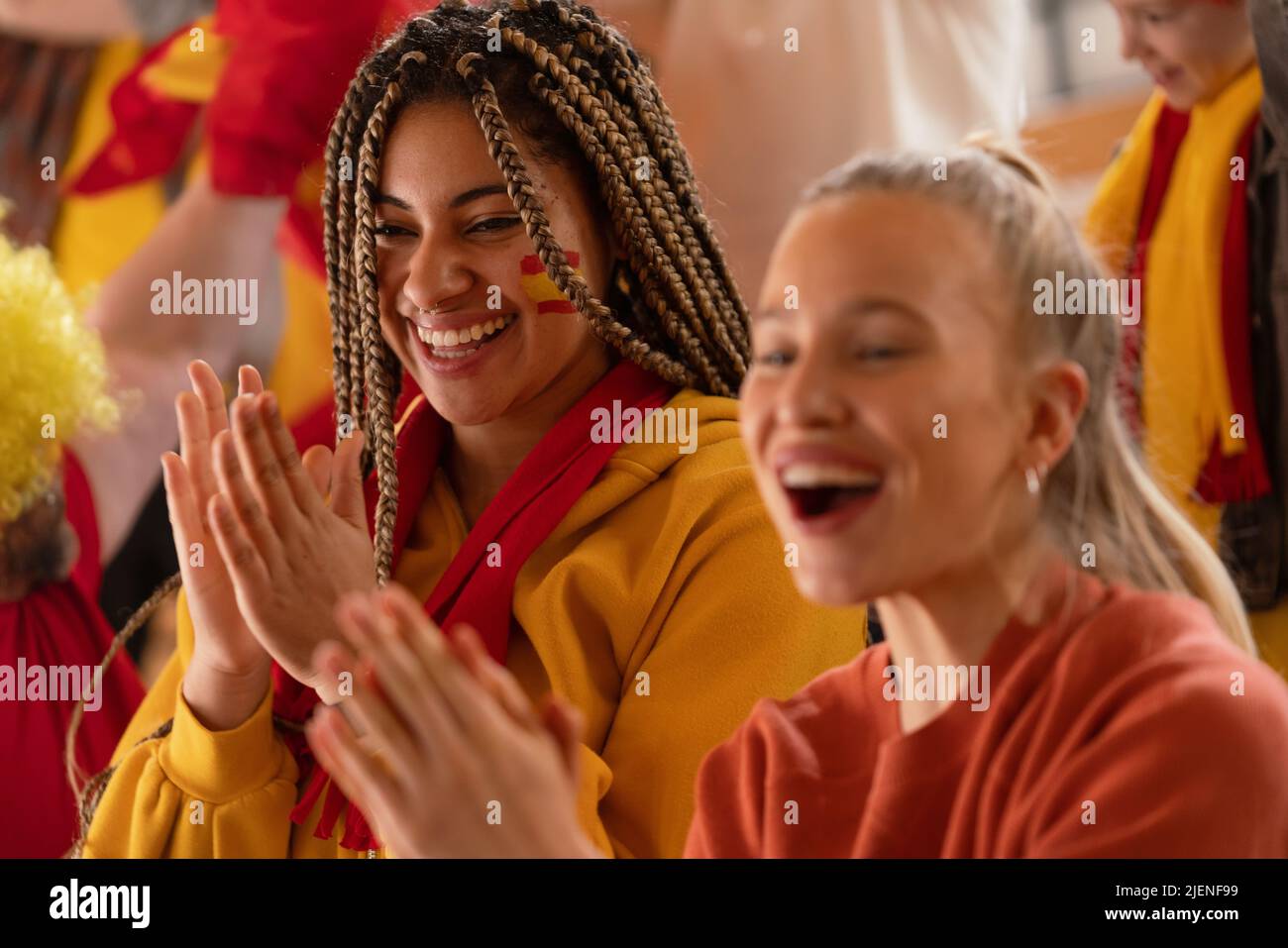 Spanish football fans celebrating their team's victory at stadium Stock ...