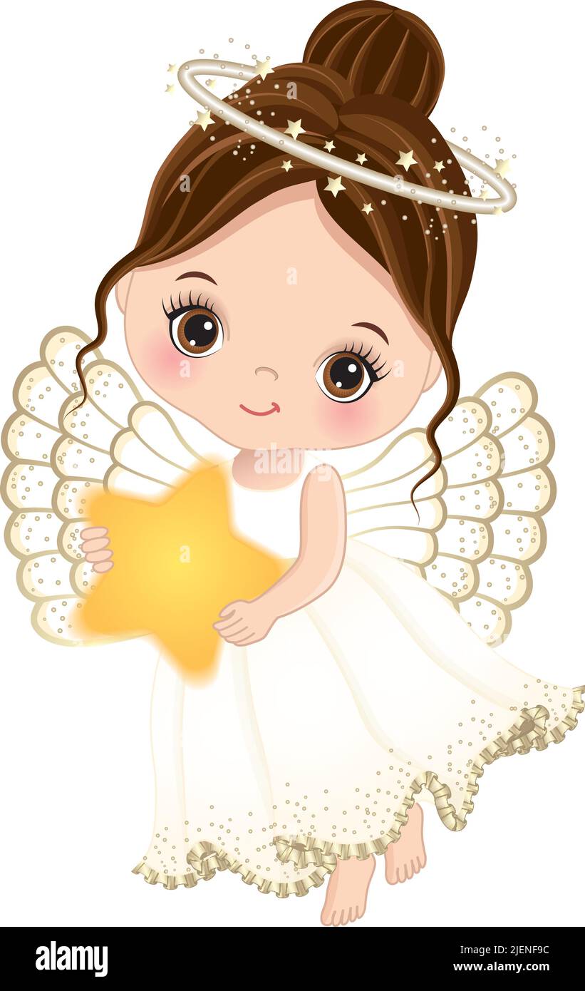 Nativity Cute Angel Holding Star. Vector Little Girl Angel Stock Vector ...