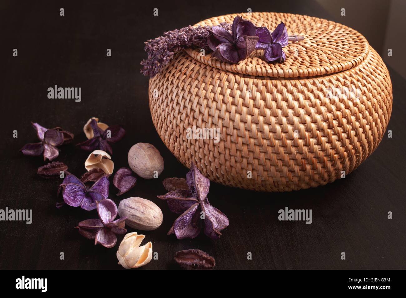 woven straw box craft round top with dried flowers and lavender Stock ...