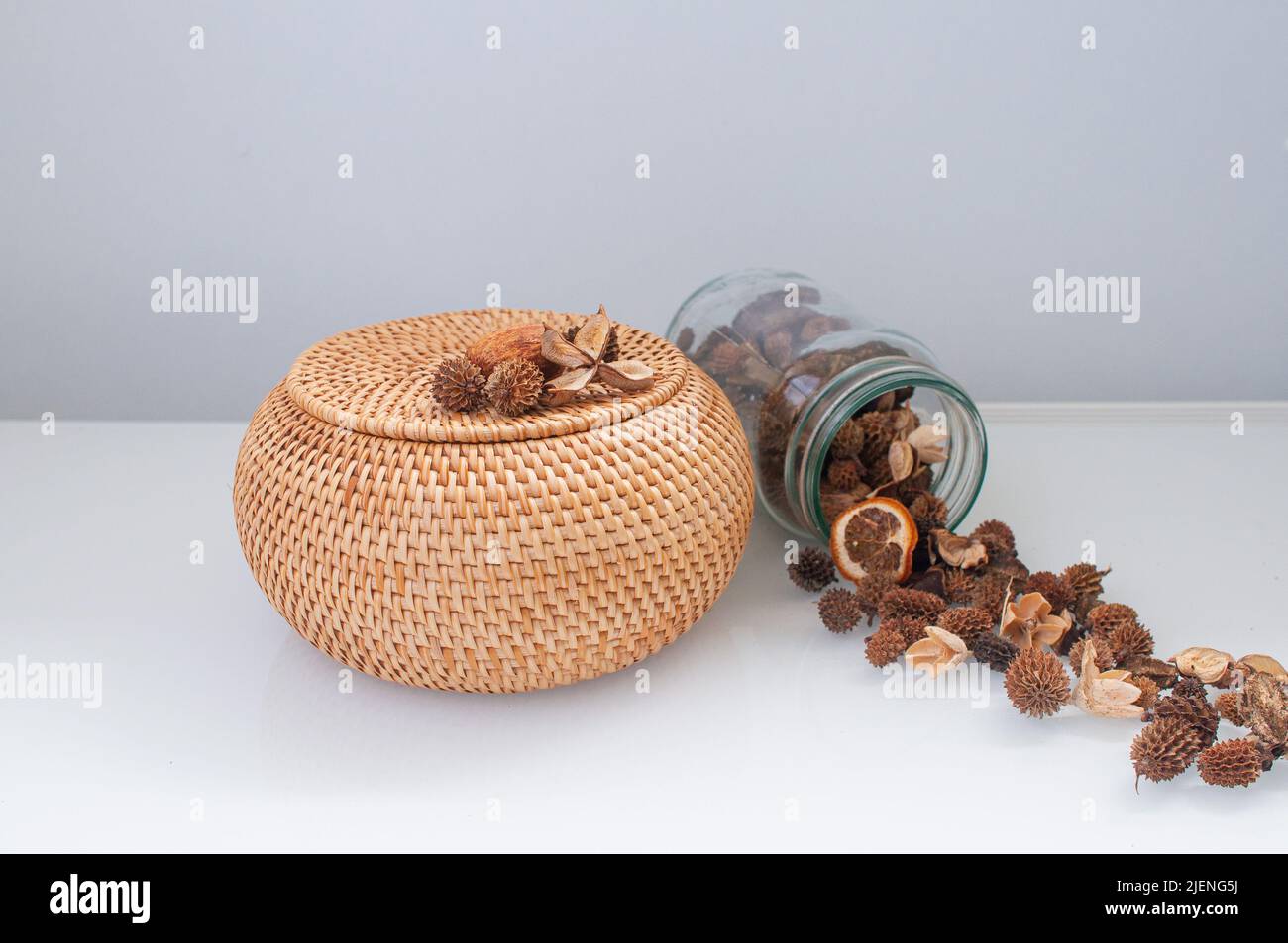 wicker straw box craft round on top with dried flowers and lavender on ...