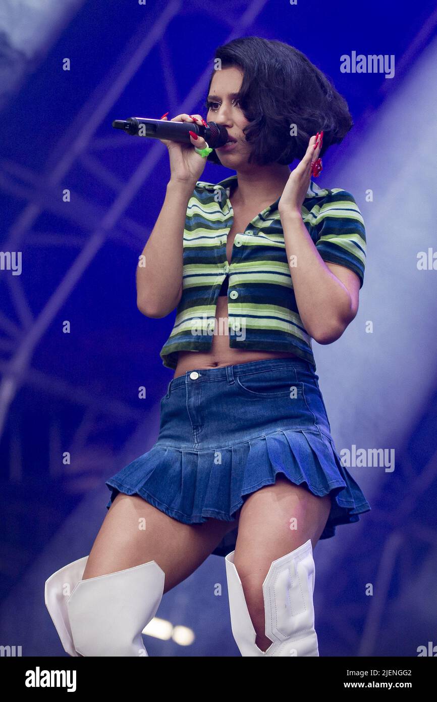 LONDON, ENGLAND: Artists perform on stage at the Mighty Hoopla Festival ...