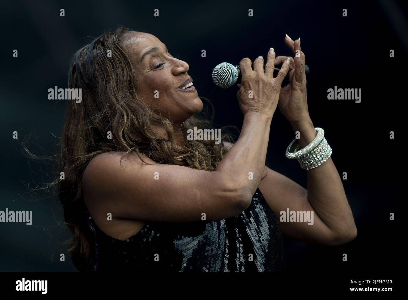 LONDON, ENGLAND: Artists perform on stage at the Mighty Hoopla Festival in Brockwell Park ...