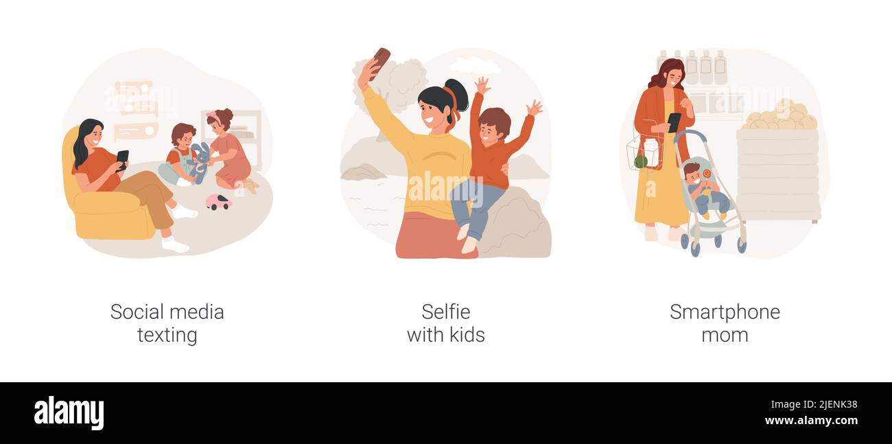 Social media use isolated cartoon vector illustration set. Young mother ...