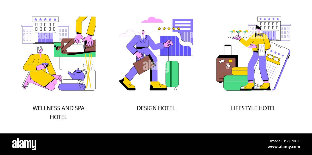 Luxury resort abstract concept vector illustration set. Wellness and ...