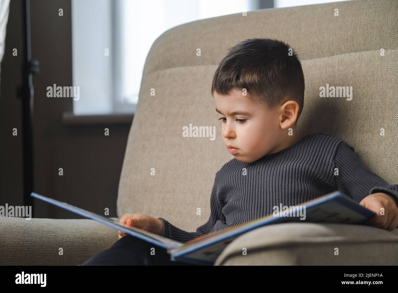 Little boy reading a book while sitting on sofa, at home. Education and ...