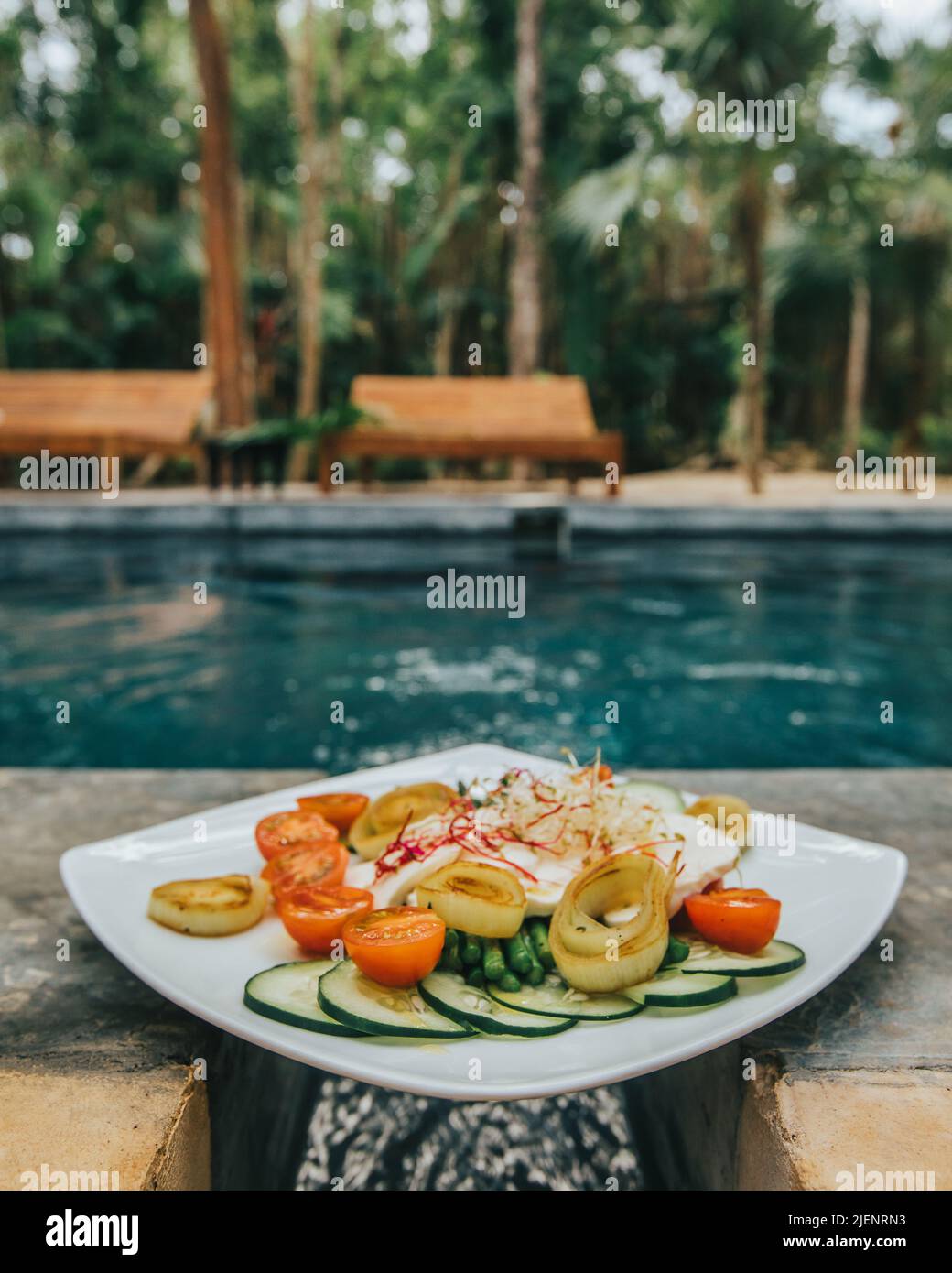 White plate with fresh ingredients salad served next to blue swimming ...