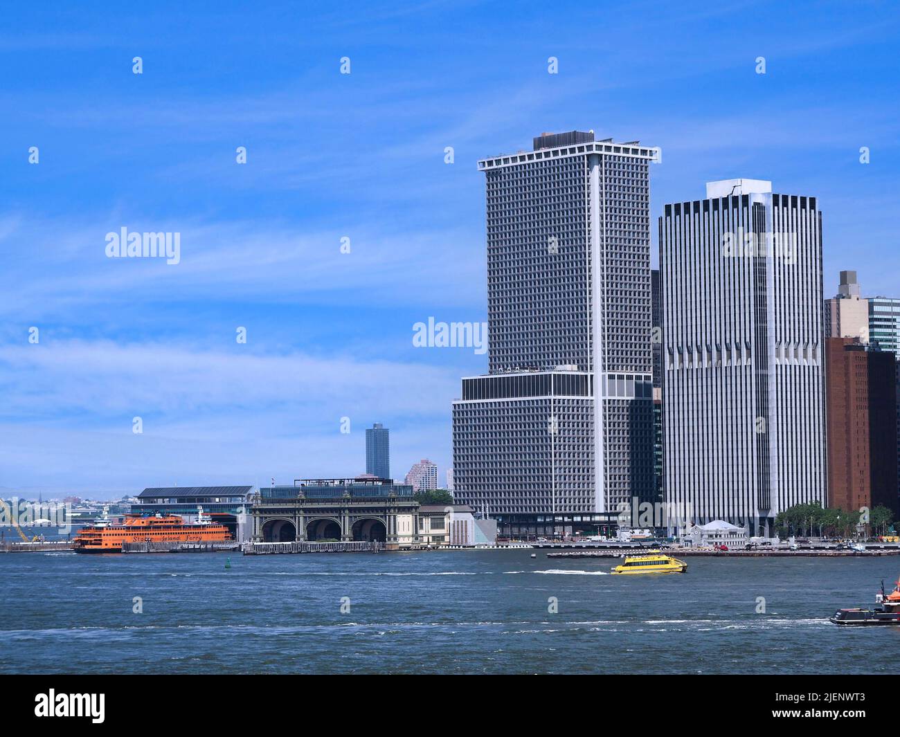 Waterfront at the southern end of Manhattan, with Staten Island Ferry ...