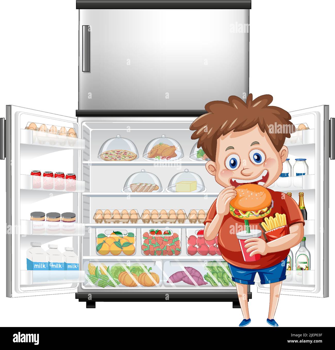 Hungry boy enjoy eating in front of refrigerator illustration Stock ...