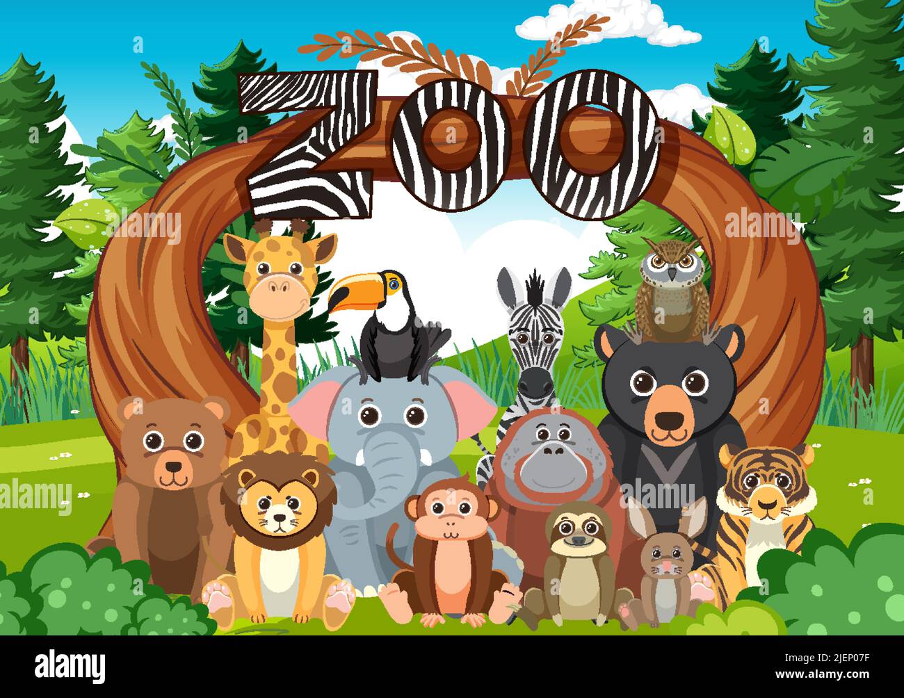 Zoo animals group in flat cartoon style illustration Stock Vector Image ...
