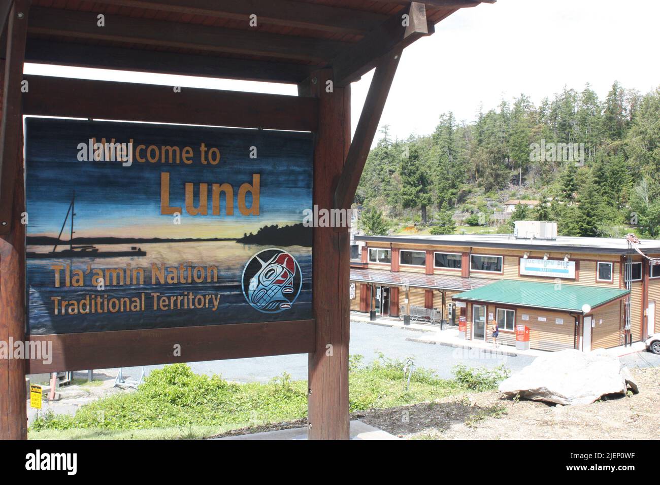 The Welcome to Lund sign, Sunshine Coast, British Columbia, Canada ...