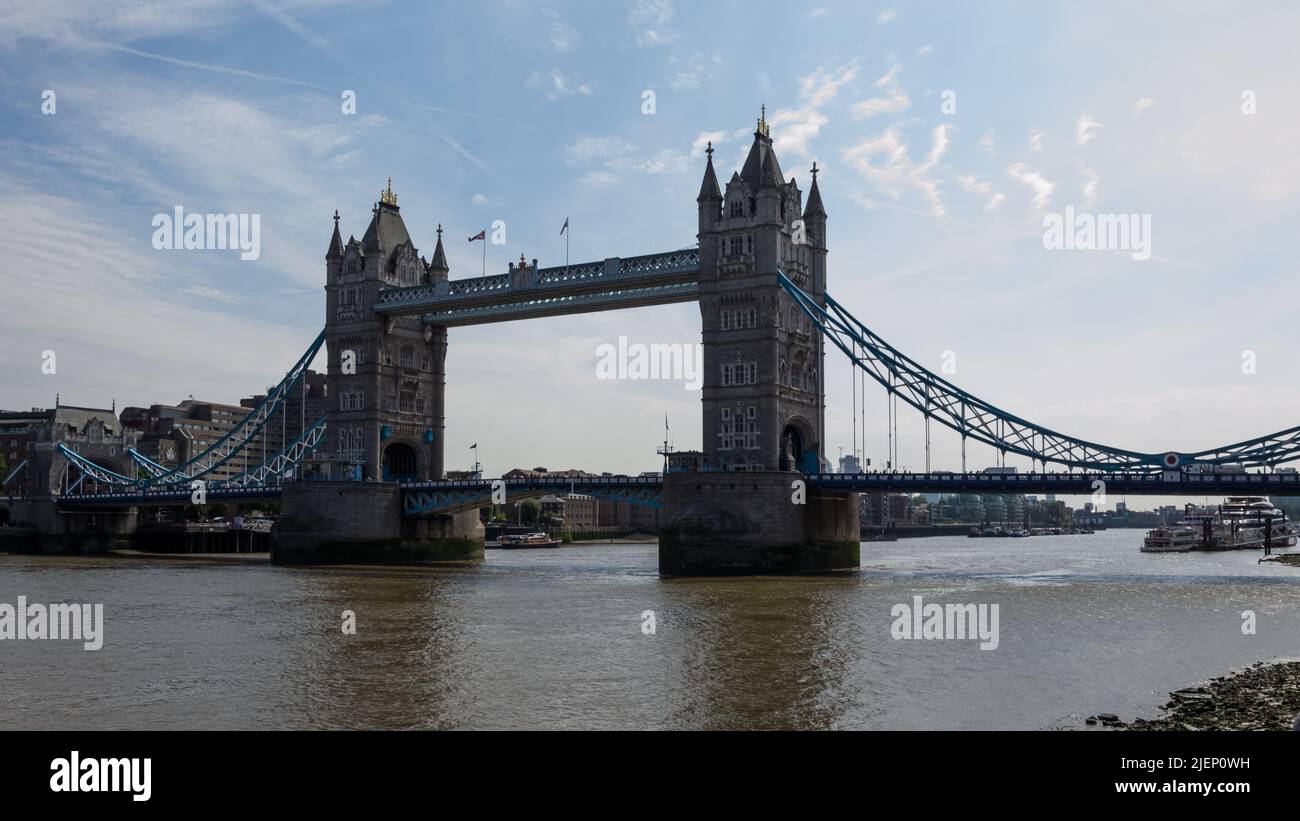 Architectural detail of the Tower Bridge located on the southern bank ...