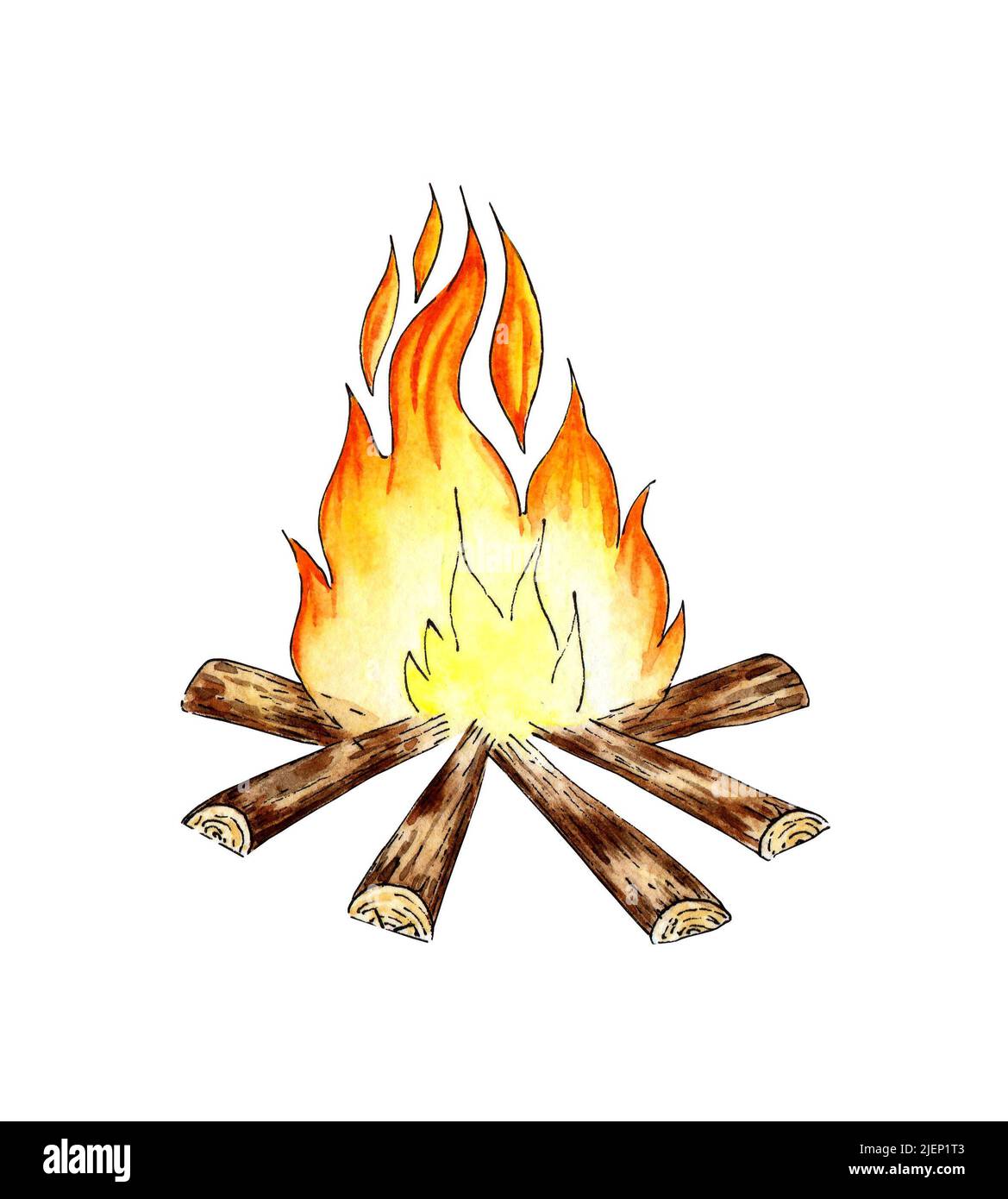 Campfire watercolor illustration. Orange and yellow flames. For the ...