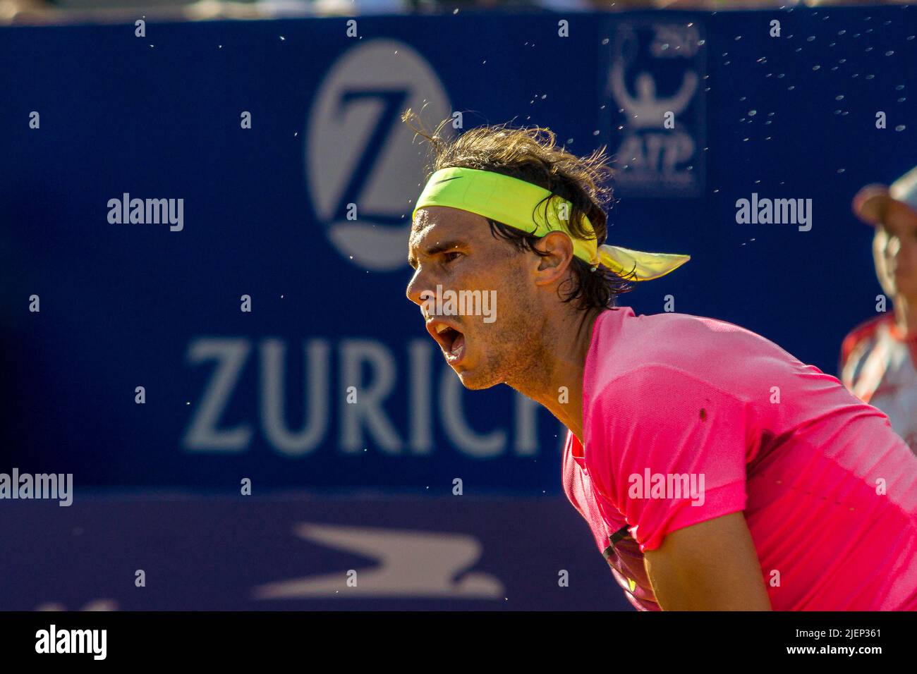 Rafael Nadal serving on clay at Buenos Aires Lawn Tennis Stock Photo ...