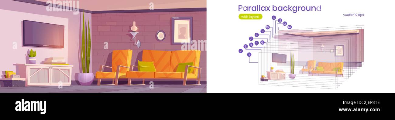 Parallax background for game with living room interior in eco rustic or ...