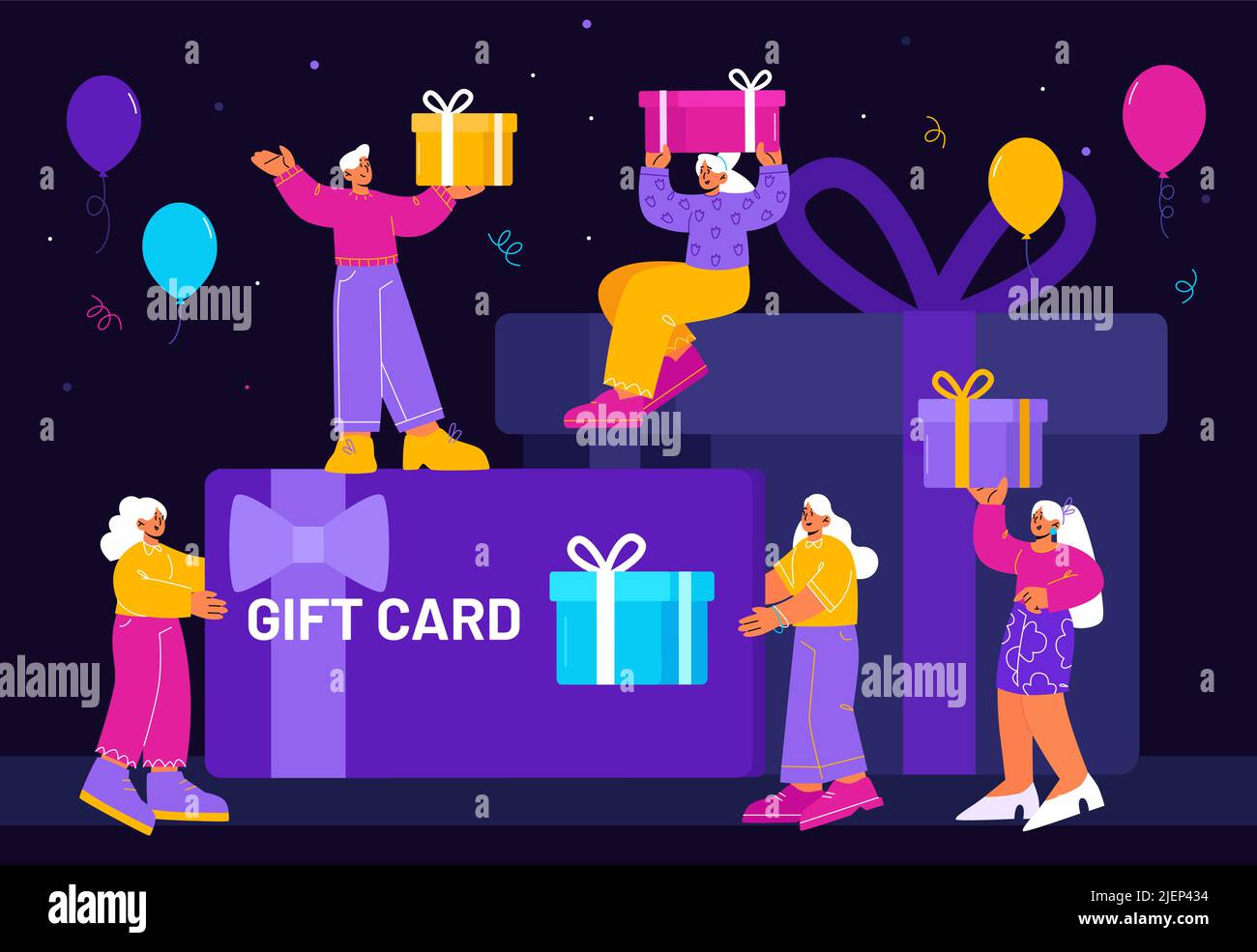 Gift card, customers care and loyalty program concept. Tiny buyers at ...