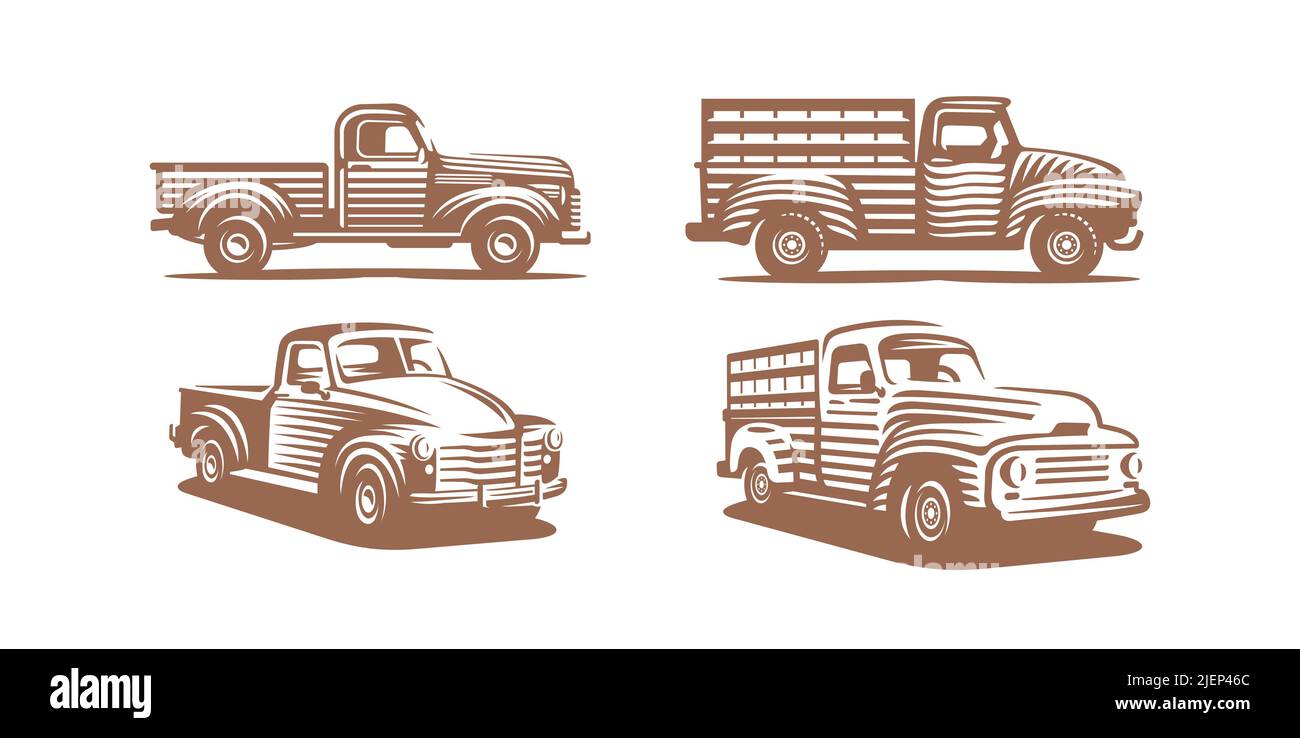 Vintage farmer pickup truck drawing in etching style. Vector woodcut ...