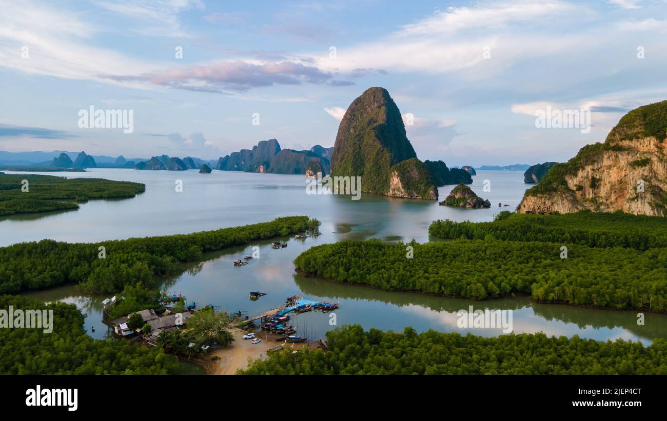panorama view of Sametnangshe, view of mountains in Phangnga bay with ...