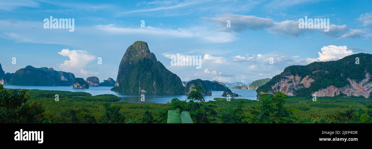panorama view of Sametnangshe, view of mountains in Phangnga bay with ...