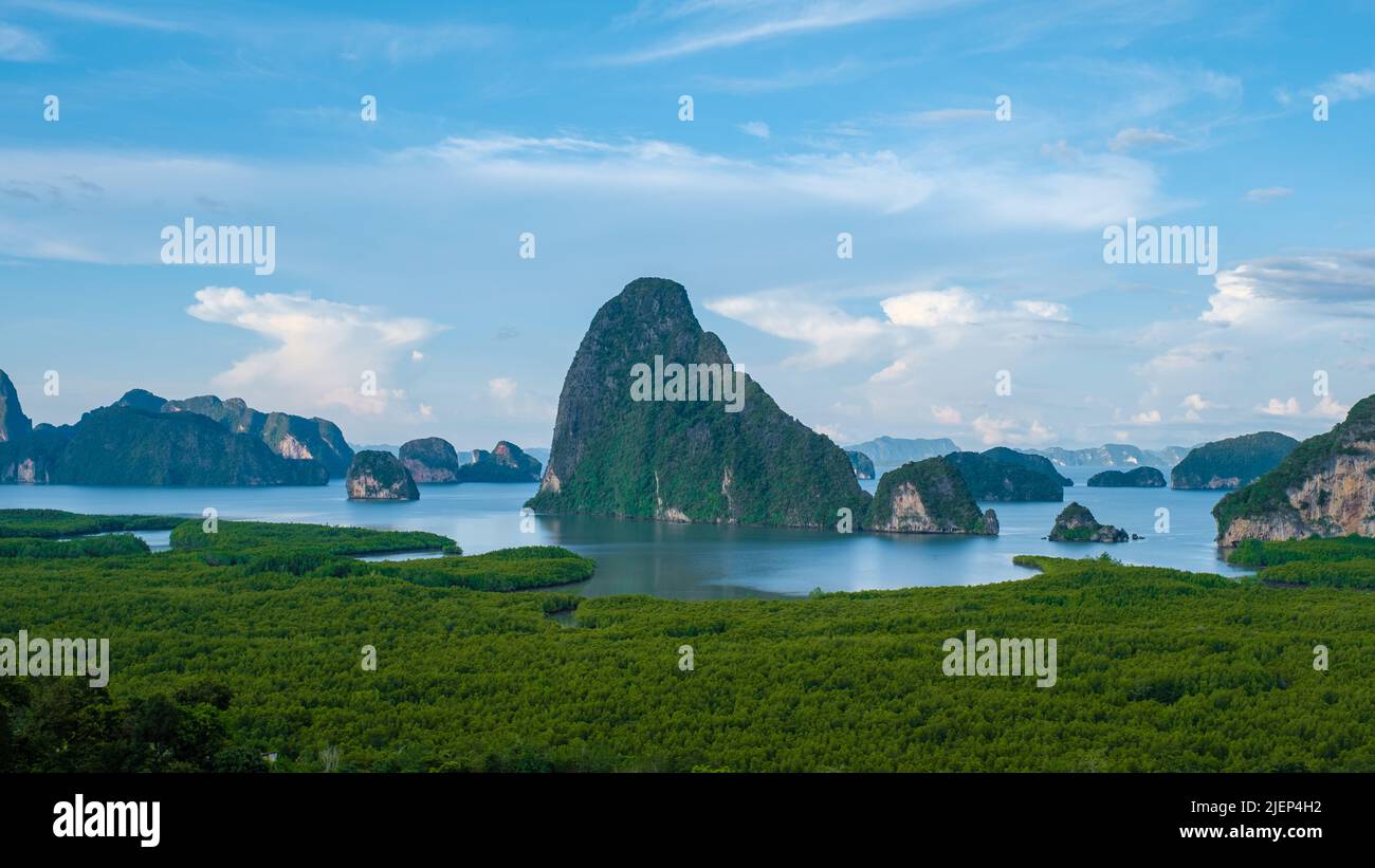 panorama view of Sametnangshe, view of mountains in Phangnga bay with ...