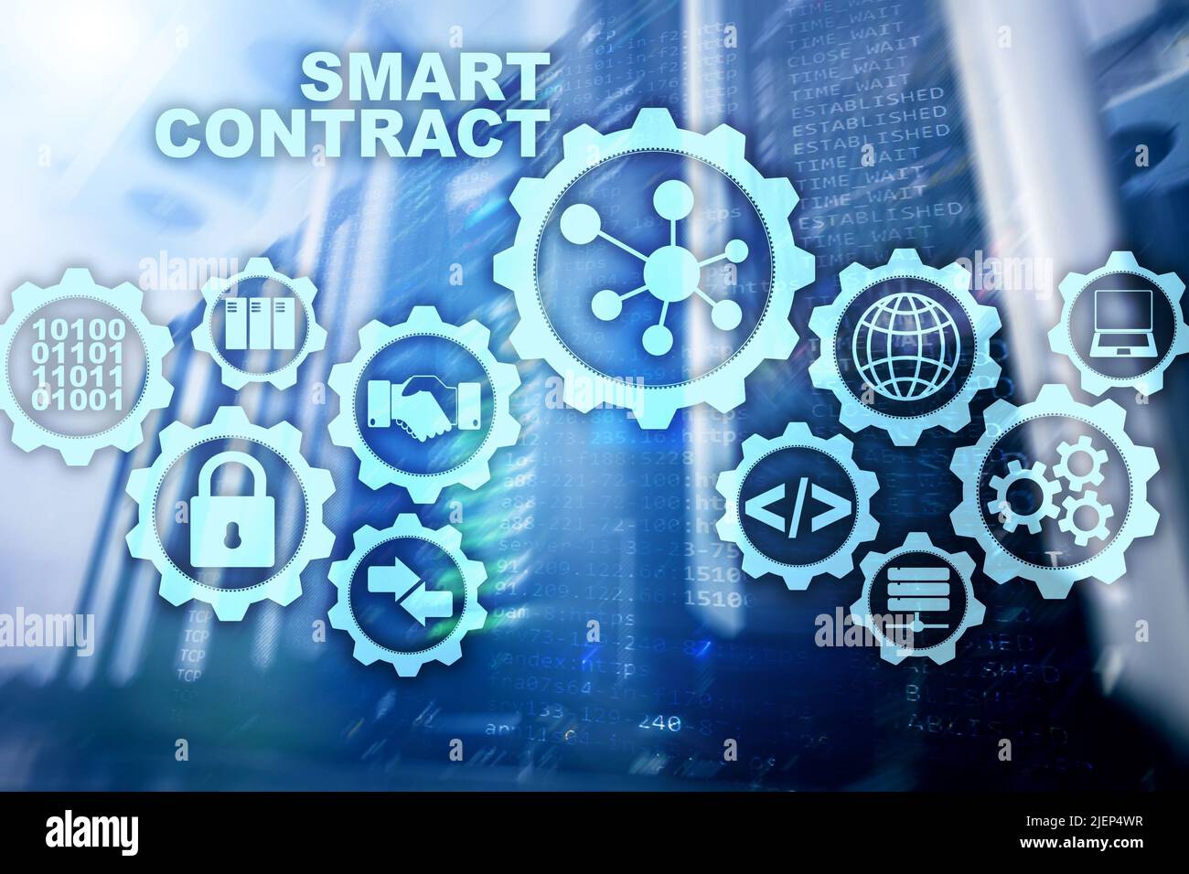 Smart Contract on modern server room background. Business Technology ...