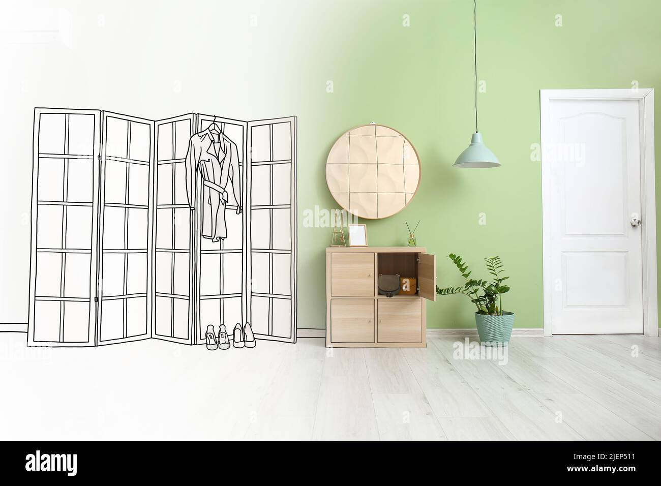 New interior of stylish hallway with folding screen, mirror and clothes ...